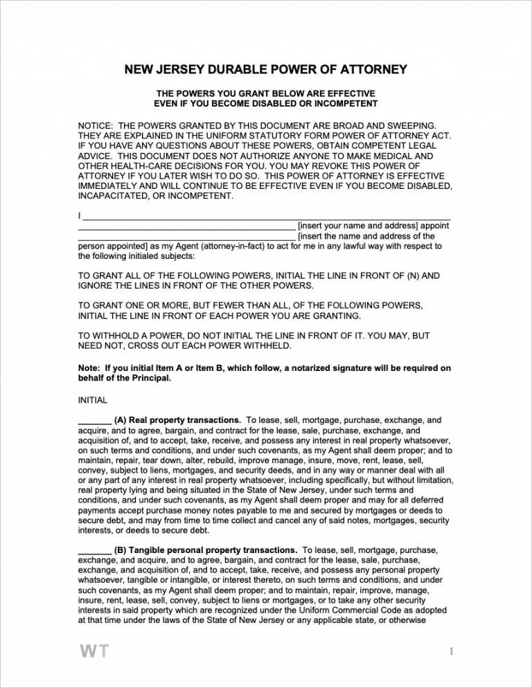 Free New Jersey Durable Power of Attorney Form | PDF | WORD | RTF