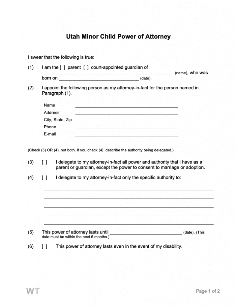 Free Utah Minor Child Power of Attorney Form | PDF | WORD | RTF