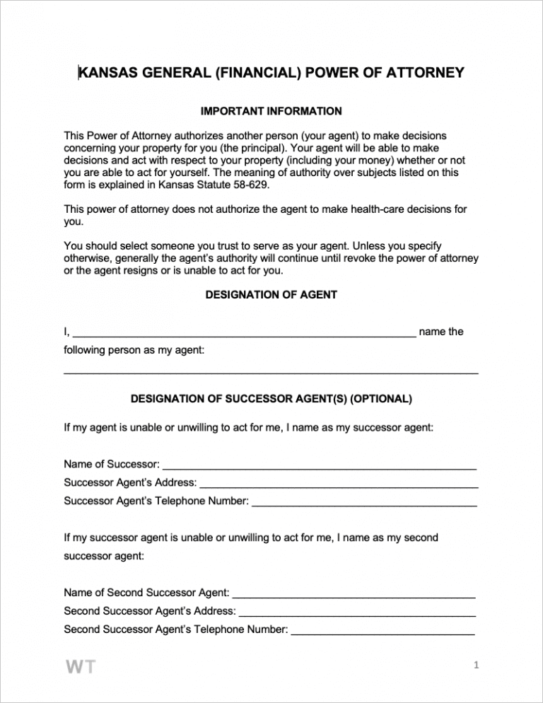 Free Kansas General (Financial) Power of Attorney Form | PDF | WORD