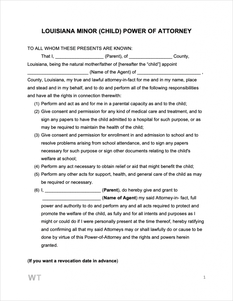 Free Louisiana Minor Child Power of Attorney Form | PDF | WORD | RTF