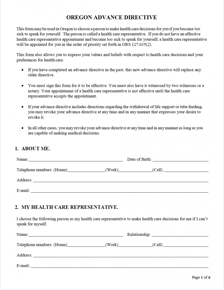 Free Oregon Advance Directive Form | PDF | WORD