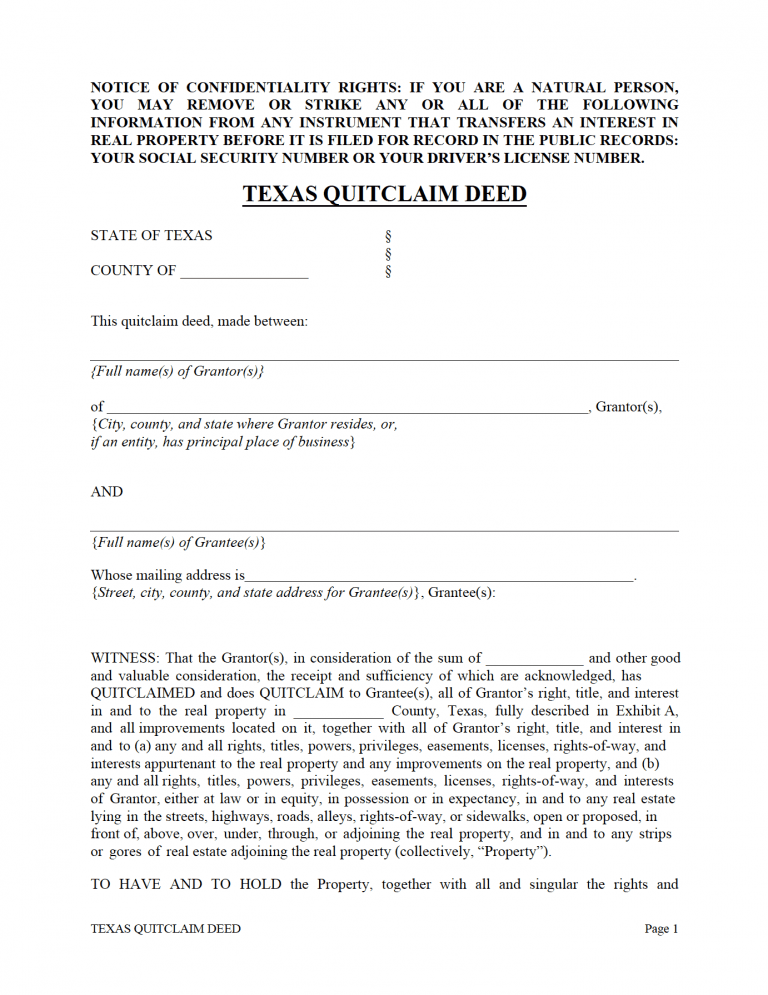 Free Texas Quit Claim Deed Form | PDF | WORD