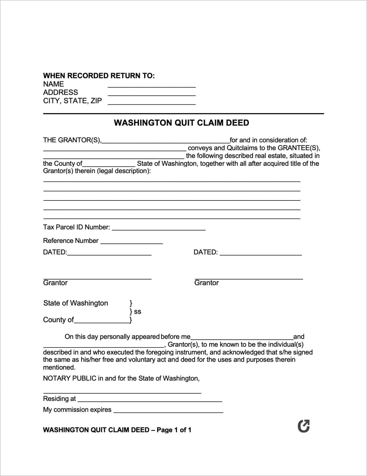 Free Washington Quit Claim Deed Form | PDF | WORD