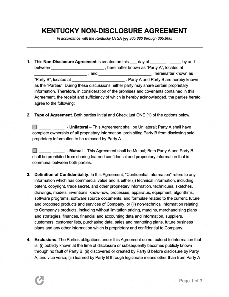 Free Kentucky Non-Disclosure Agreement Template | PDF | WORD