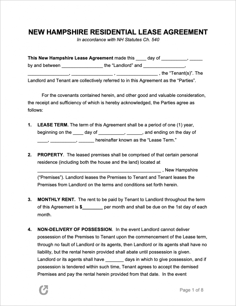 Free New Hampshire Rental Lease Agreement Templates | PDF | WORD | RTF