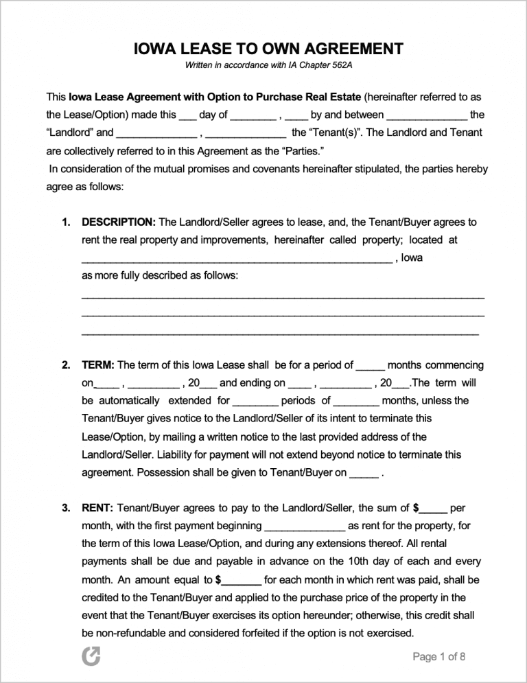 Free Iowa Lease to Own Agreement | PDF | WORD