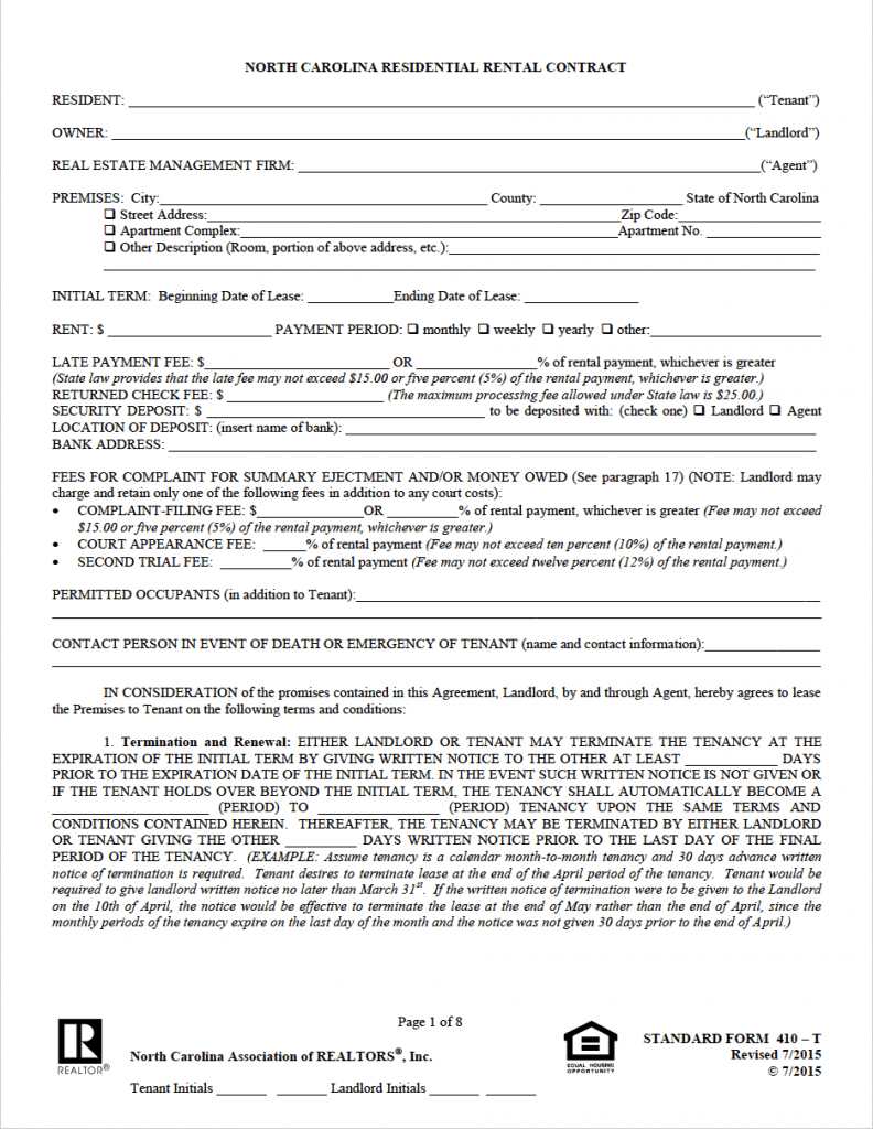 Free North Carolina Standard Residential Lease Agreement | PDF | WORD