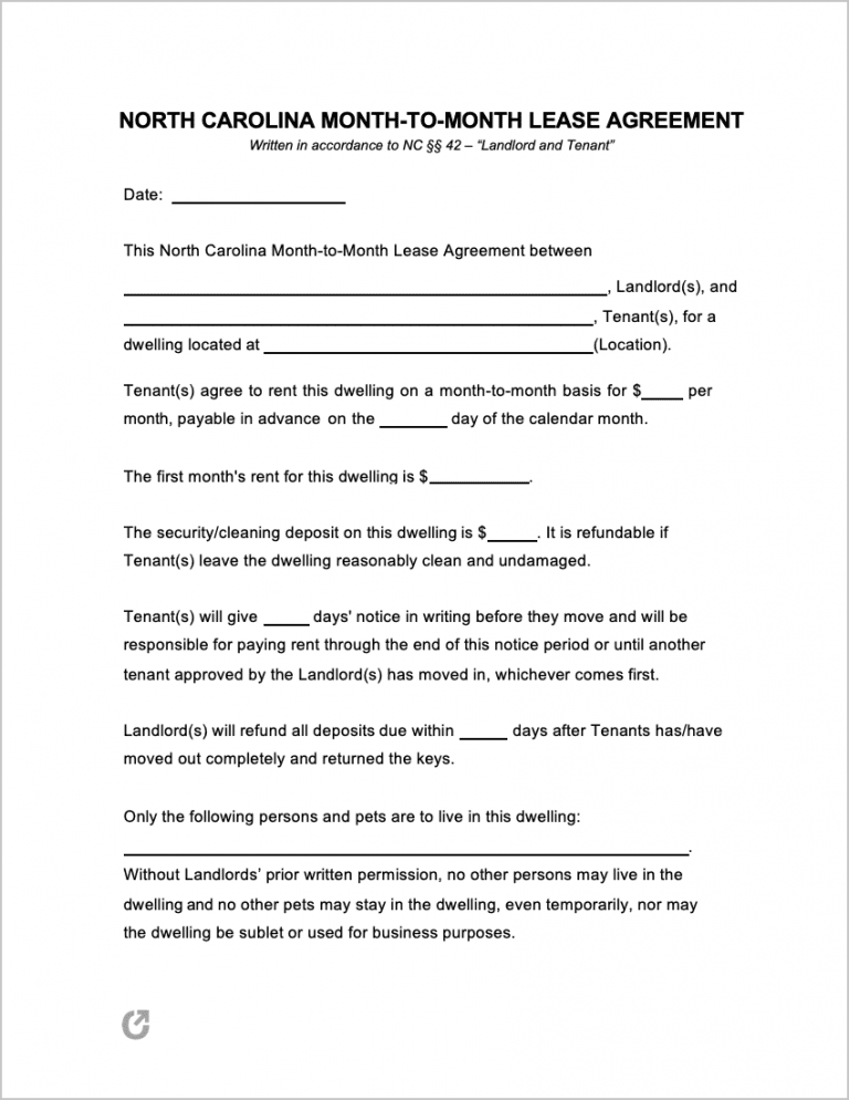 Free North Carolina Month-to-Month Lease Agreement | PDF | WORD Free North Carolina Month-to-Month Lease Agreement | PDF | WORD