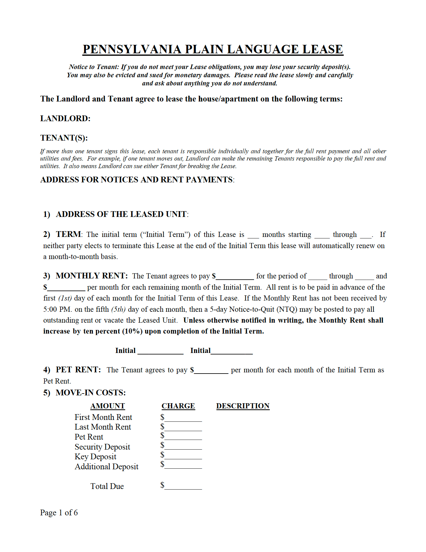 Free Pennsylvania Standard Residential Lease Agreement | PDF | WORD