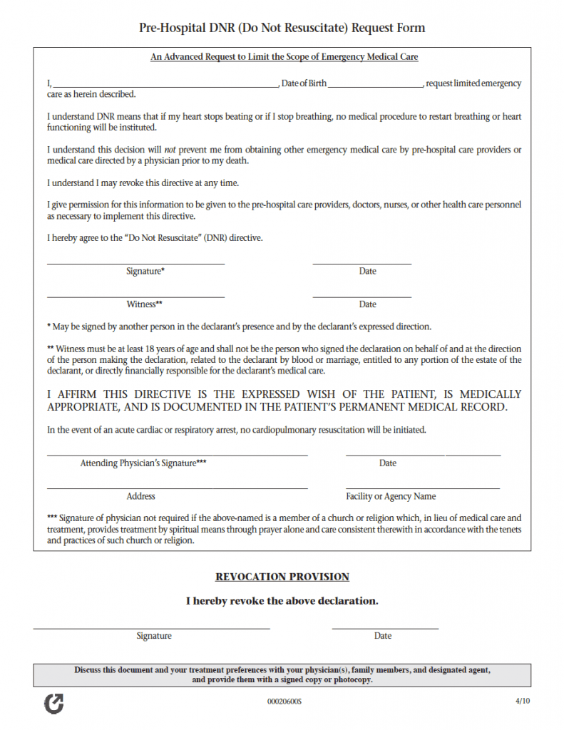 Free Do-Not-Resuscitate Order Forms | PDF | WORD