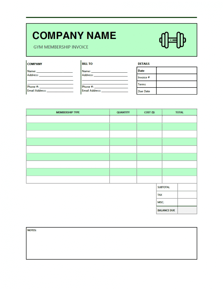 Free Gym Membership Invoice Template | PDF | WORD | EXCEL