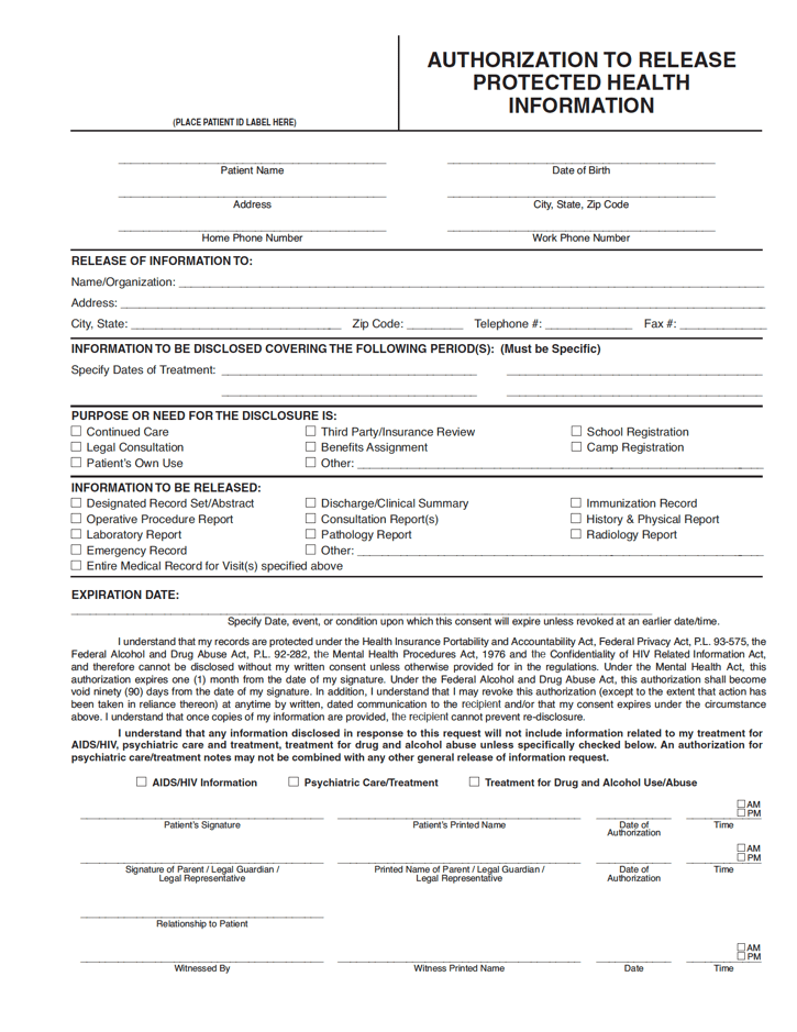 Free Medical Records Release Authorization Forms | PDF | WORD