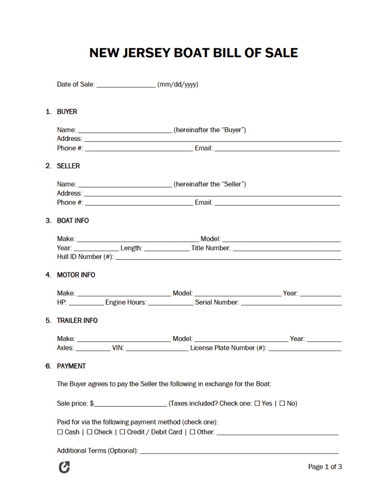 Free New Jersey Boat Bill of Sale Form | PDF | WORD | RTF