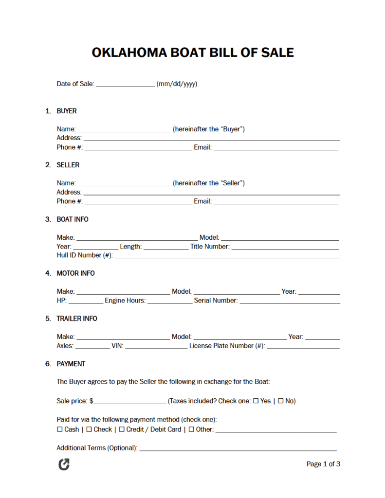 Free Oklahoma Boat Bill of Sale Form | PDF | WORD | RTF