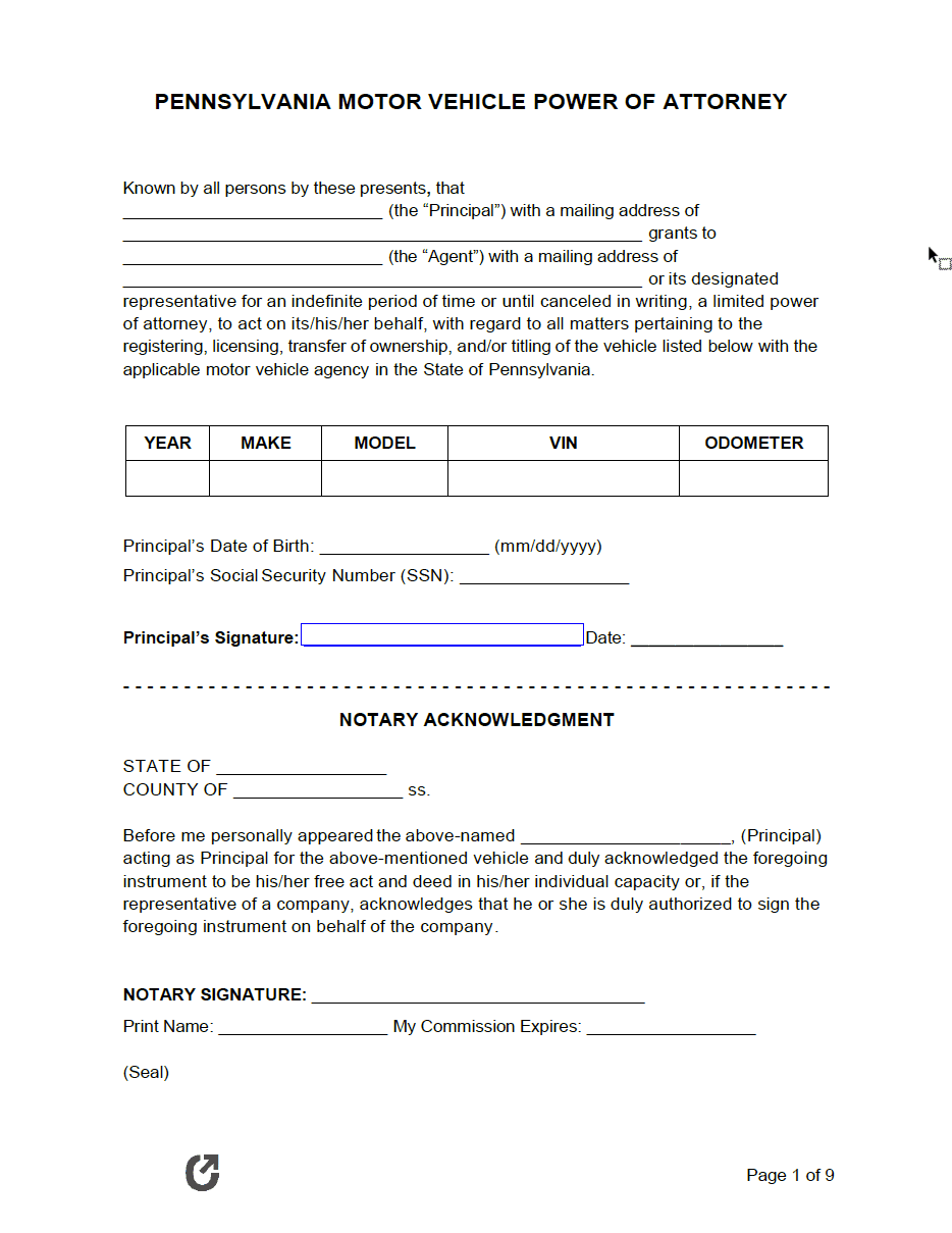 Free Pennsylvania Motor Vehicle Power of Attorney Form | PDF | WORD Free Pennsylvania Motor Vehicle Power of Attorney Form | PDF | WORD