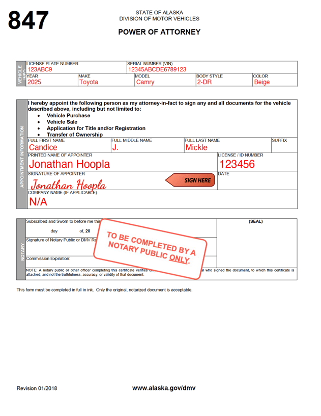 Free Alaska Motor Vehicle Power of Attorney (Form 847) | PDF