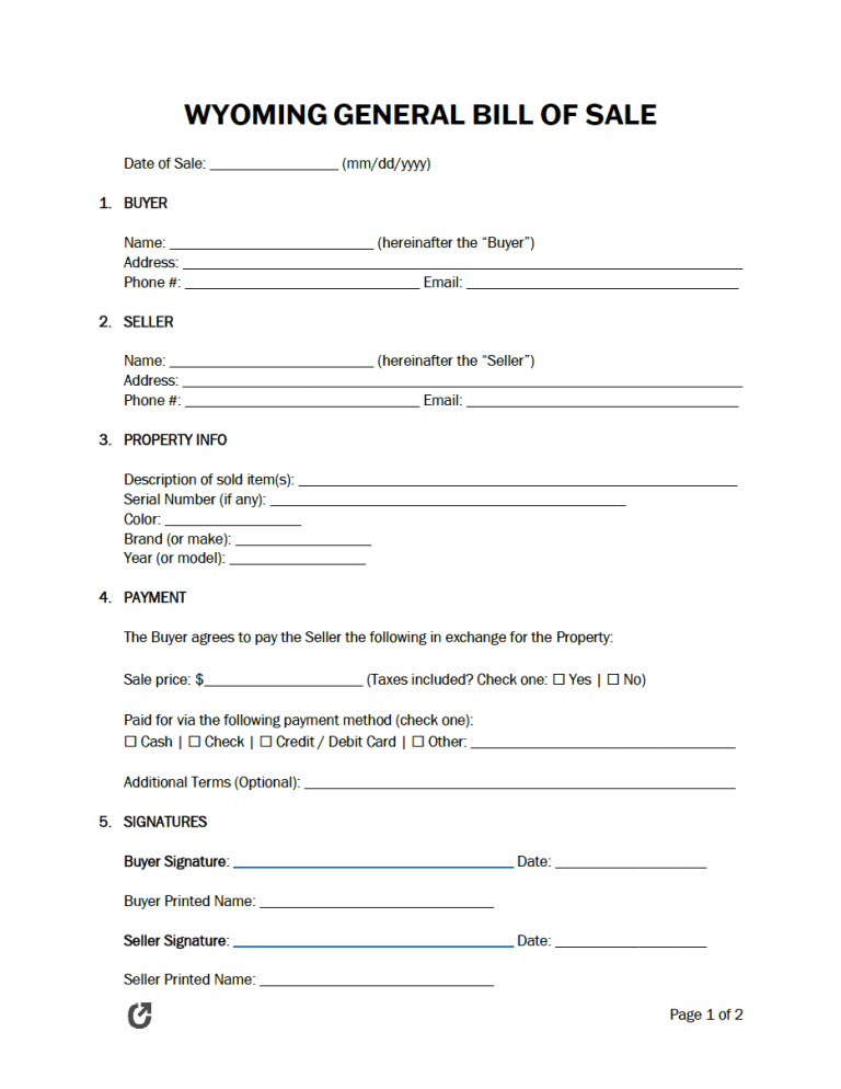 Free Wyoming Bill of Sale Forms | PDF | WORD | RTF